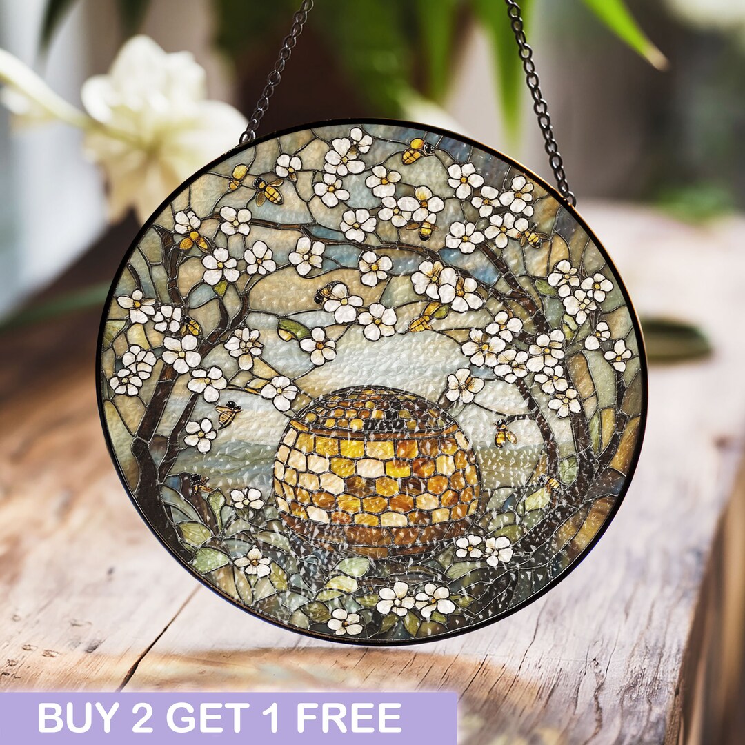 Stained Glass Beehive and Blossoms Window Hanging, Charming Nature ...