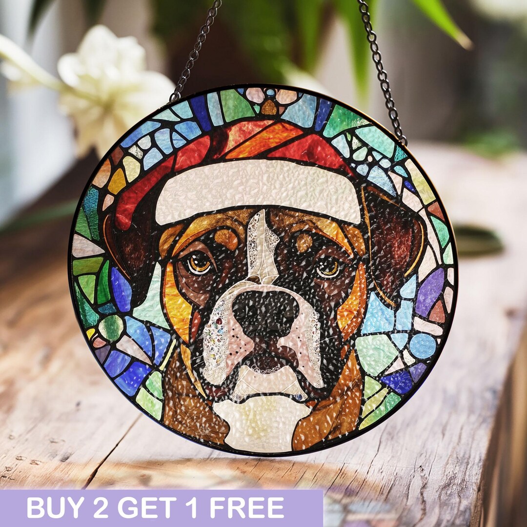 Festive Boxer Dog Stained Glass Window Art - Christmas Dog Decor for ...