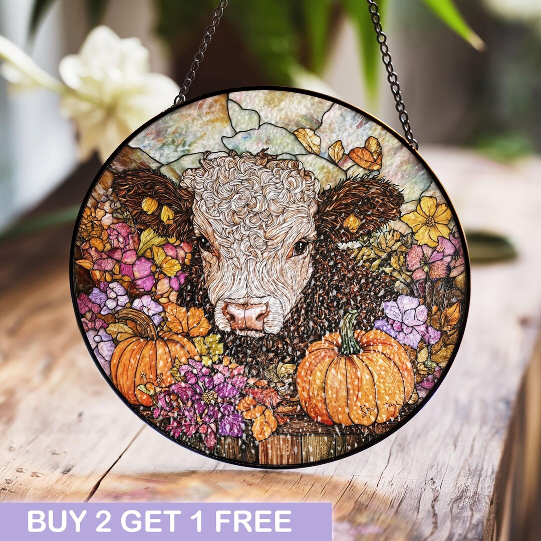 Autumn Cow Stained Glass Panel – Rustic Farmhouse Decor With Fall ...