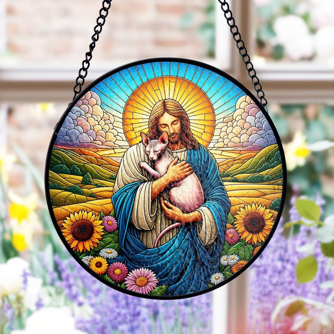 Jesus Hugging Sphynx Cat Stained Glass Suncatcher, Pet Memorial Decor ...