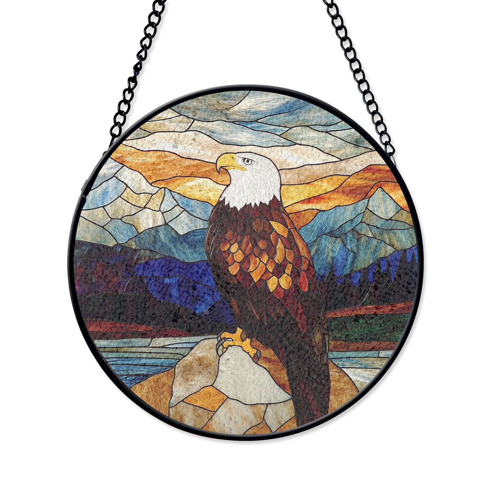 Bald Eagle Stained Glass Window Hanging - Majestic Mountain Scene ...