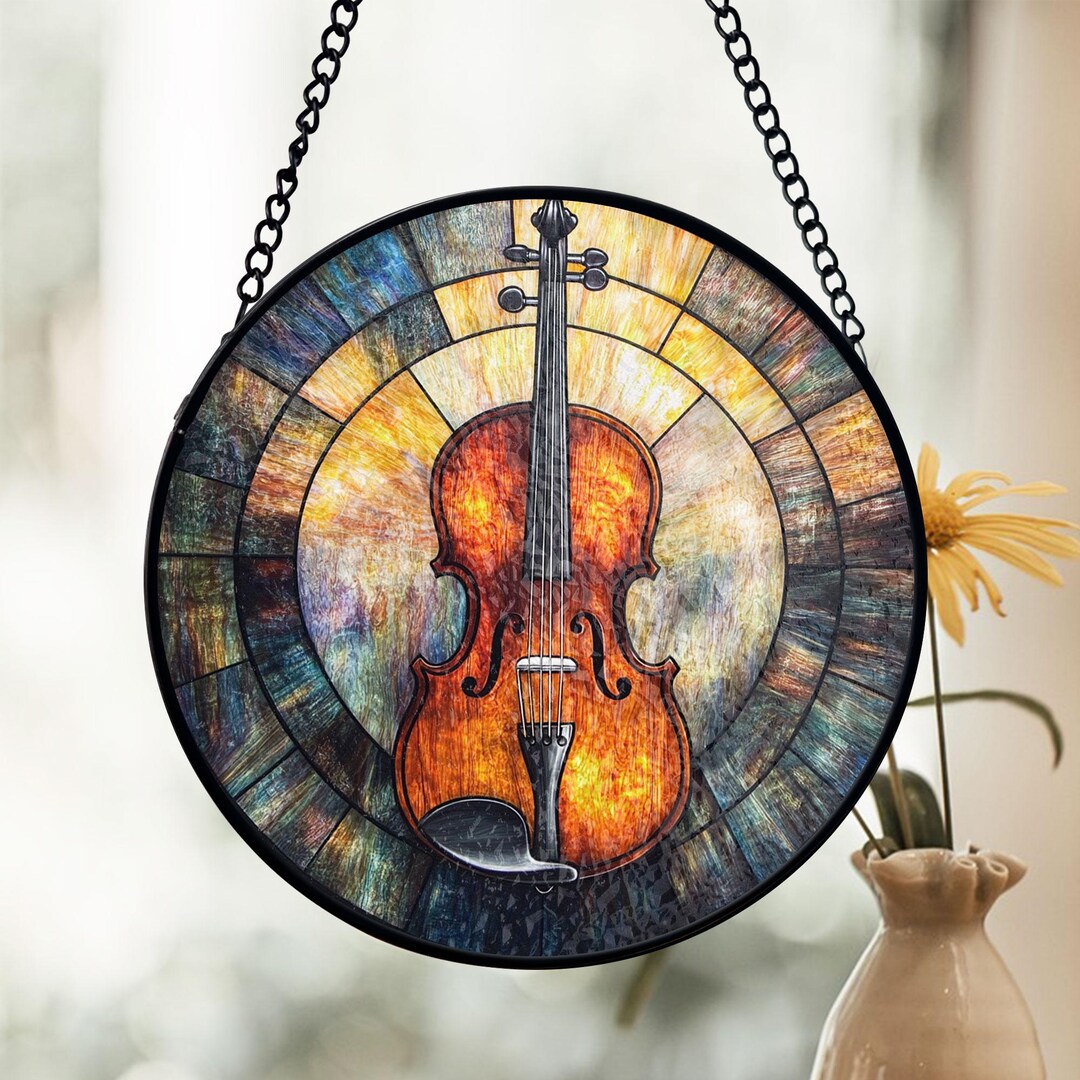 Violin Stained Glass Suncatcher, Classical Music Window Art, Elegant ...