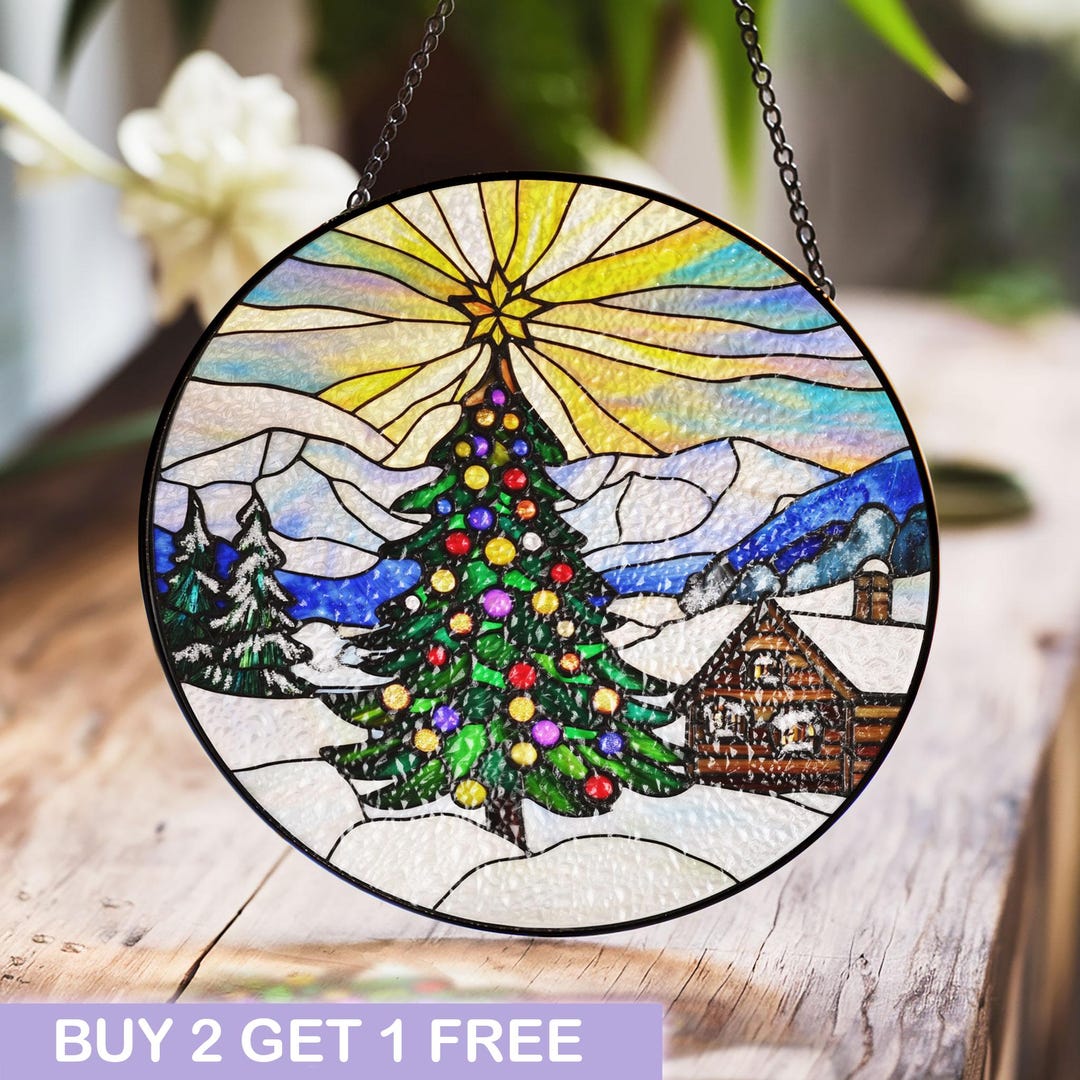 Vibrant Christmas Tree Stained Glass Panel With Snowy Cabin and Starry ...
