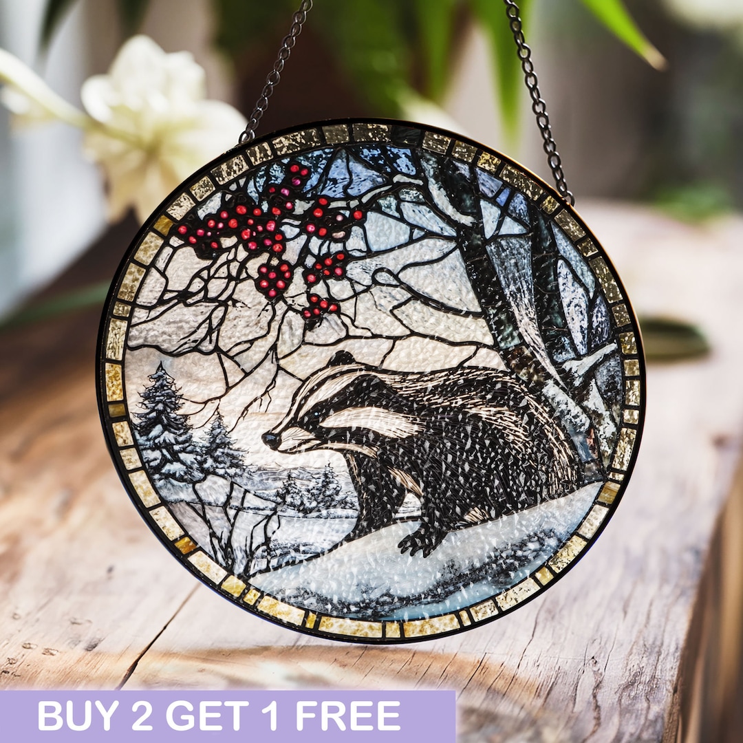 Winter Badger Stained Glass Window Hanging - Wildlife Art With Snowy ...