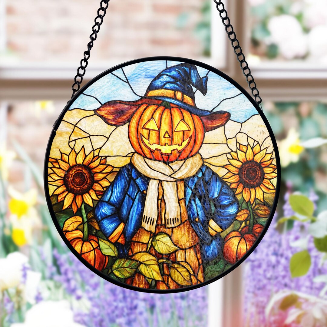 Pumpkin Scarecrow Stained Glass Suncatcher, Glowing Fall Decor for ...