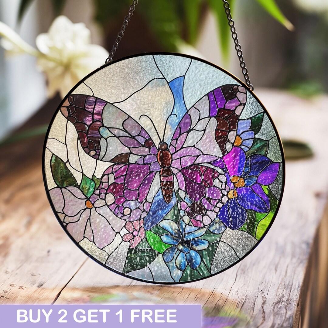 Colorful Stained Glass Butterfly Panel With Floral Design for Window ...