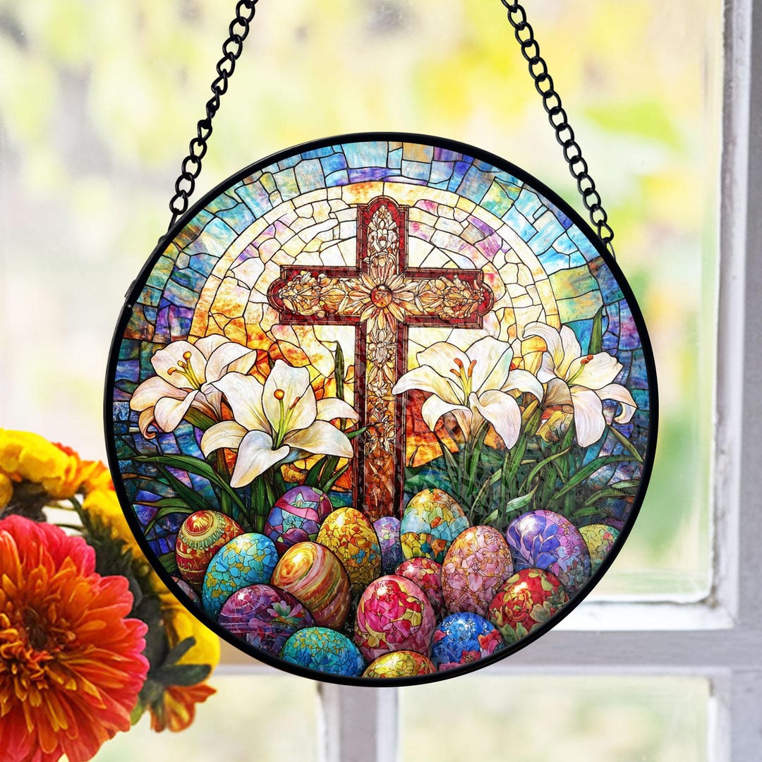 Easter Cross Stained Glass Suncatcher, Christian Window Decor ...