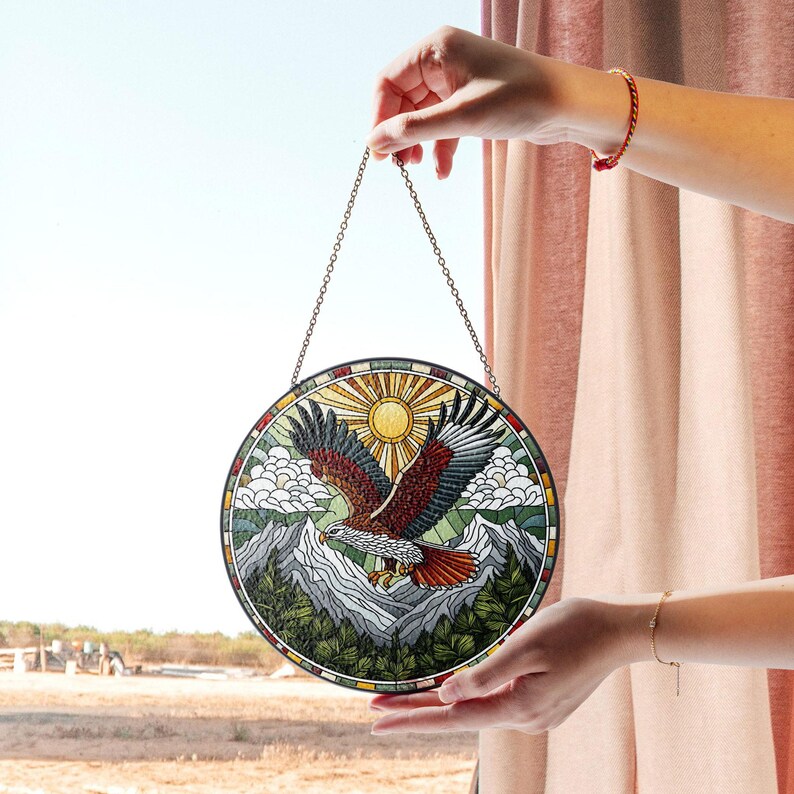 Red-tailed Hawk Stained Glass Suncatcher, Mountain Scene Wall Decor ...