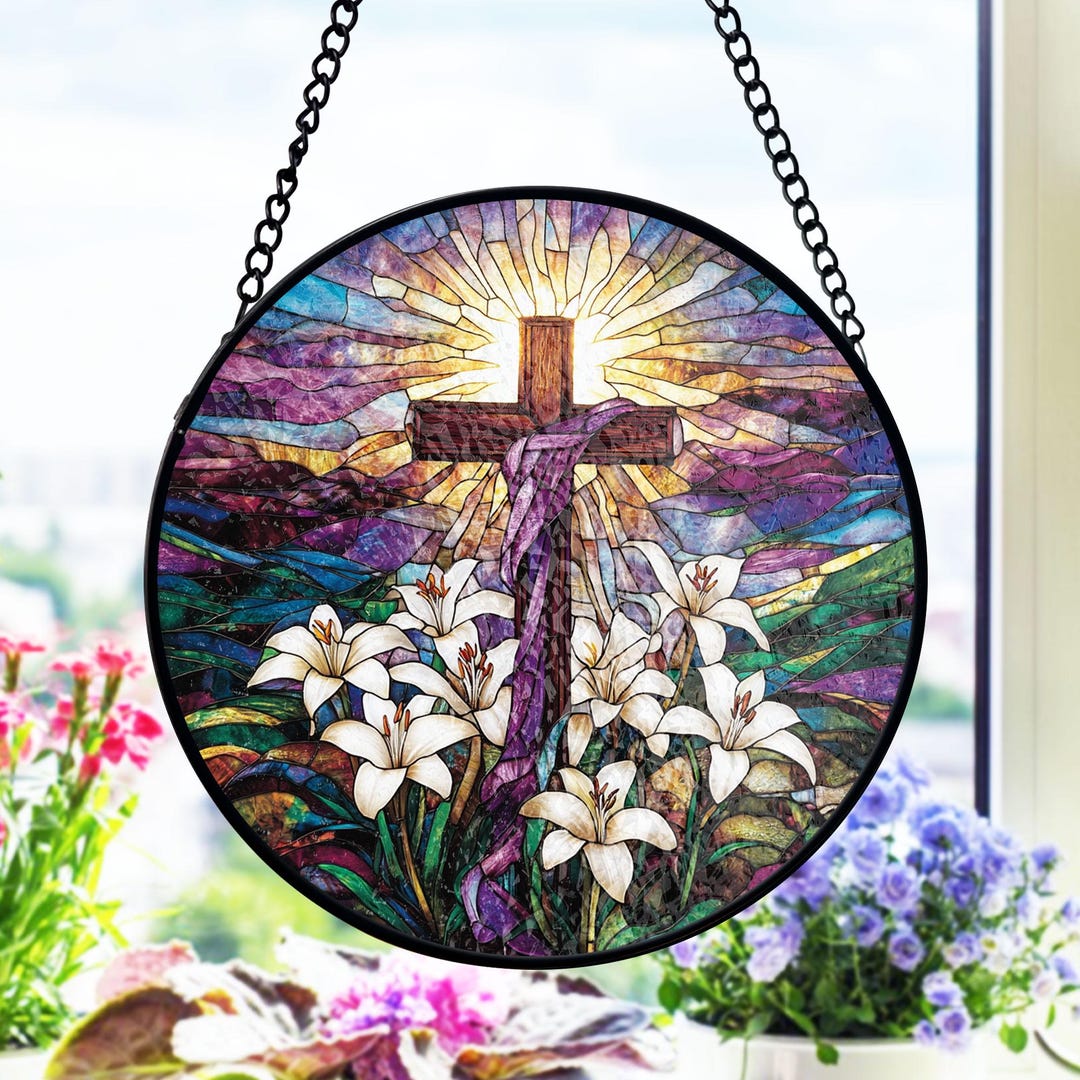 Easter Cross Stained Glass Suncatcher, Christian Window Decor ...