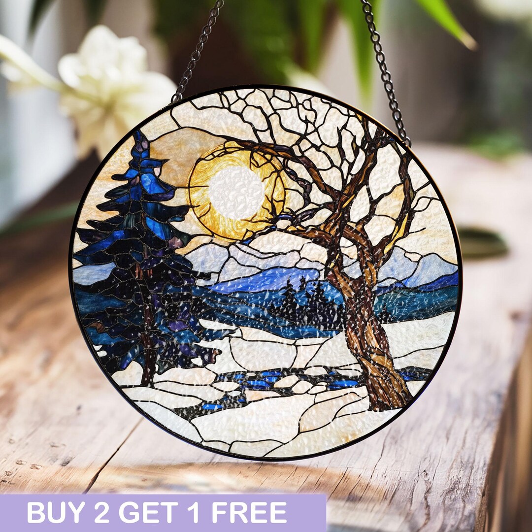 Winter Sunset Stained Glass Window Panel With Snowy Landscape and Trees ...