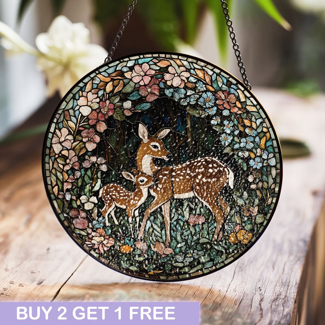 Mother and Fawn Stained Glass Window Hanging - Elegant Nature Art for ...