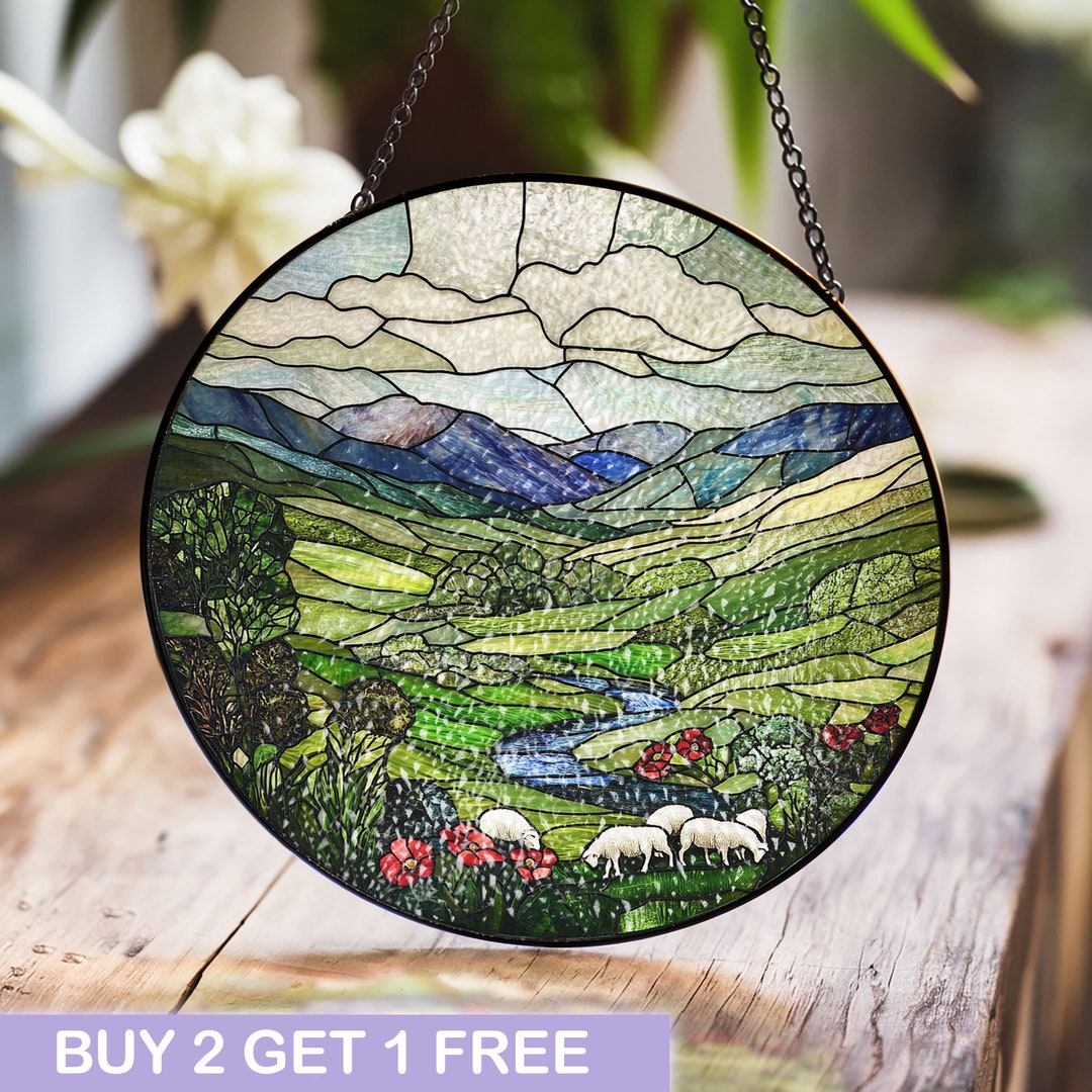 Green Irish Hills Stained Glass Suncatcher, Style Window or Wall ...