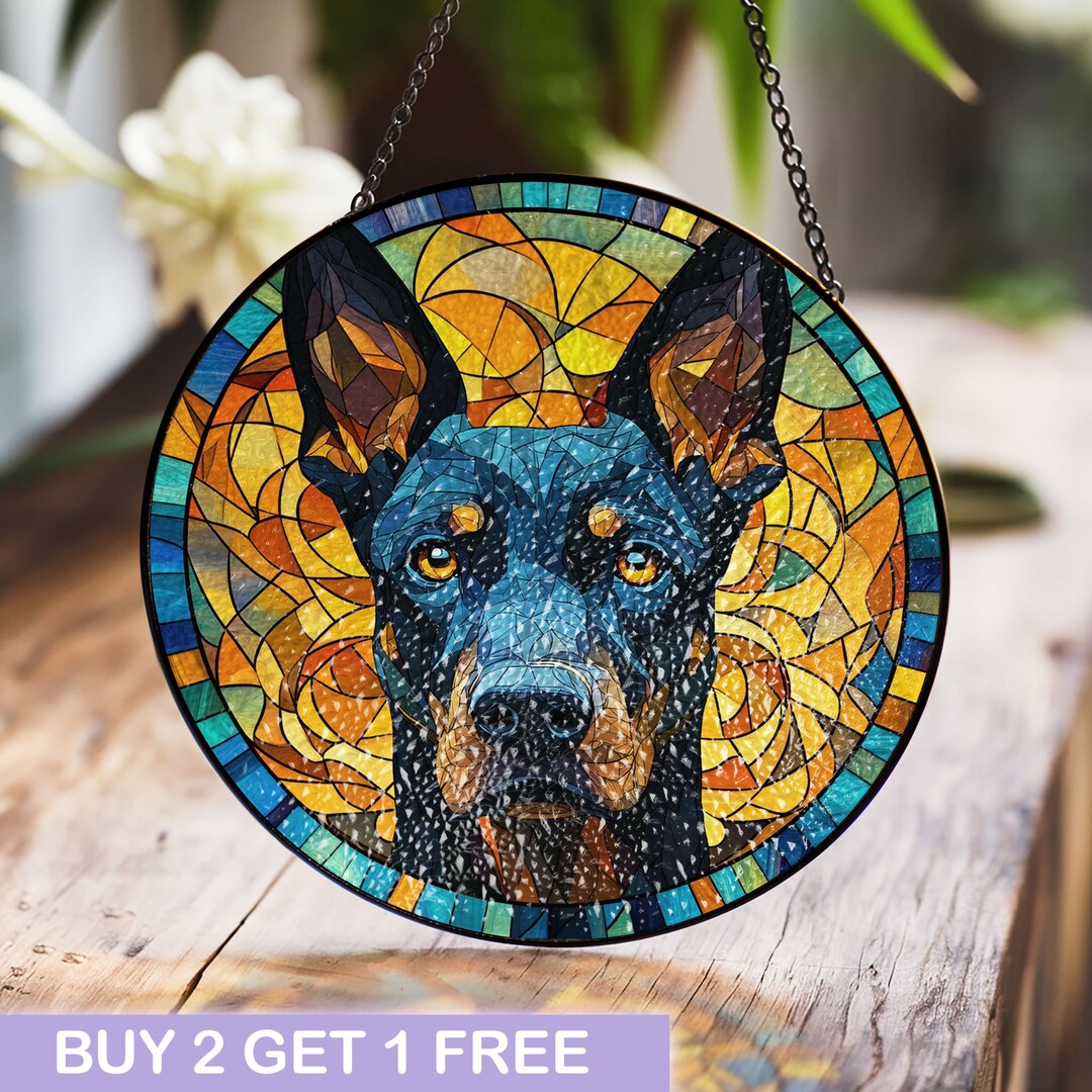 Doberman Stained Glass Panel – Bold and Vibrant Dog Art Decor for Home ...