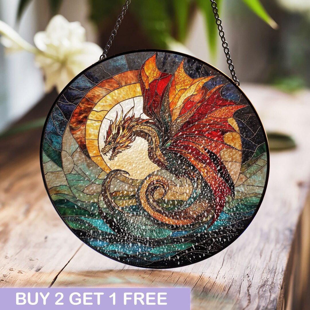Fire Dragon Stained Glass Panel - Epic Fantasy Art Window Hanging for ...