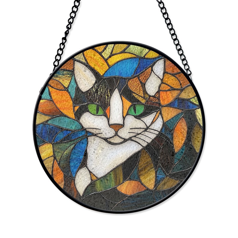 Vibrant Calico Cat Stained Glass Panel – Eye-catching Feline Decor With ...
