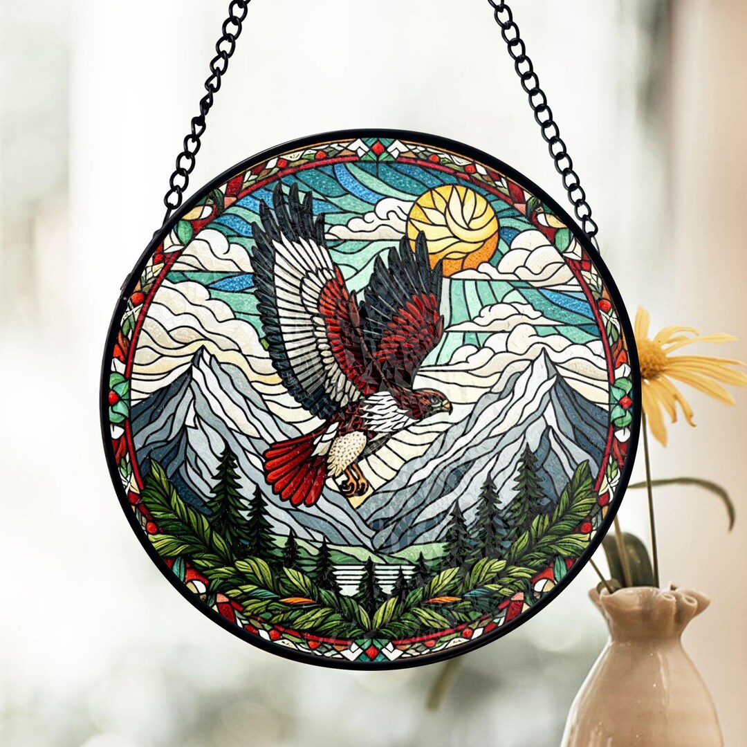 Red-tailed Hawk Stained Glass Suncatcher, Soaring Bird Art for Window ...