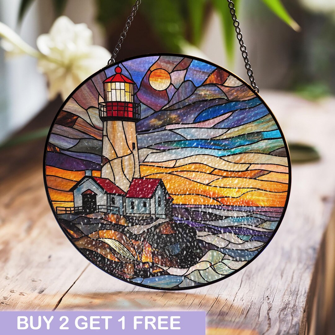 Lighthouse Stained Glass Panel - Sunset Coastal Scene With Vibrant ...