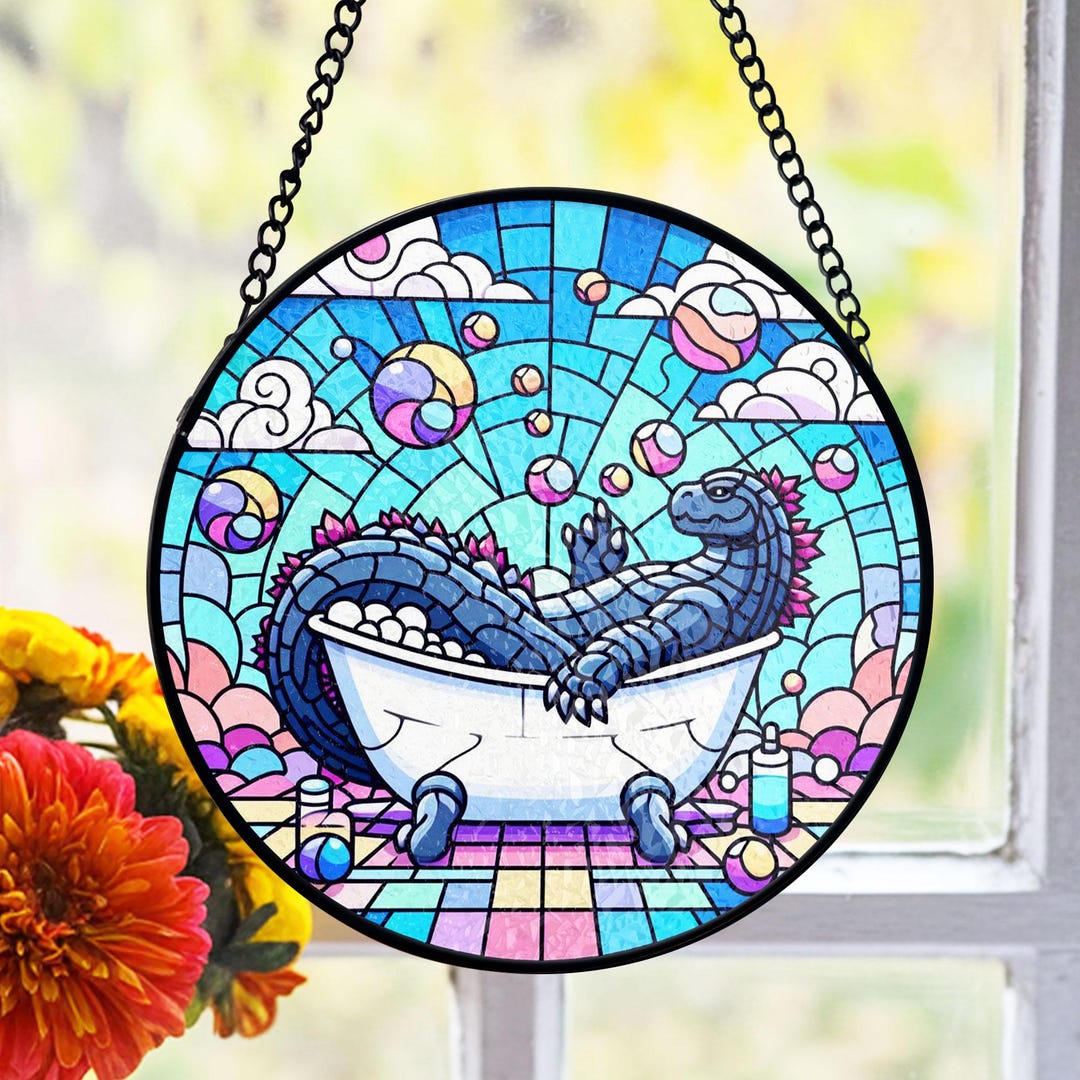 Godzilla Stained Glass Suncatcher, Funny Bathtime Scene, Bathroom ...