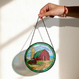 Rustic Farm Scene Stained Glass Window Hanging With Red Barn, Silo, and ...