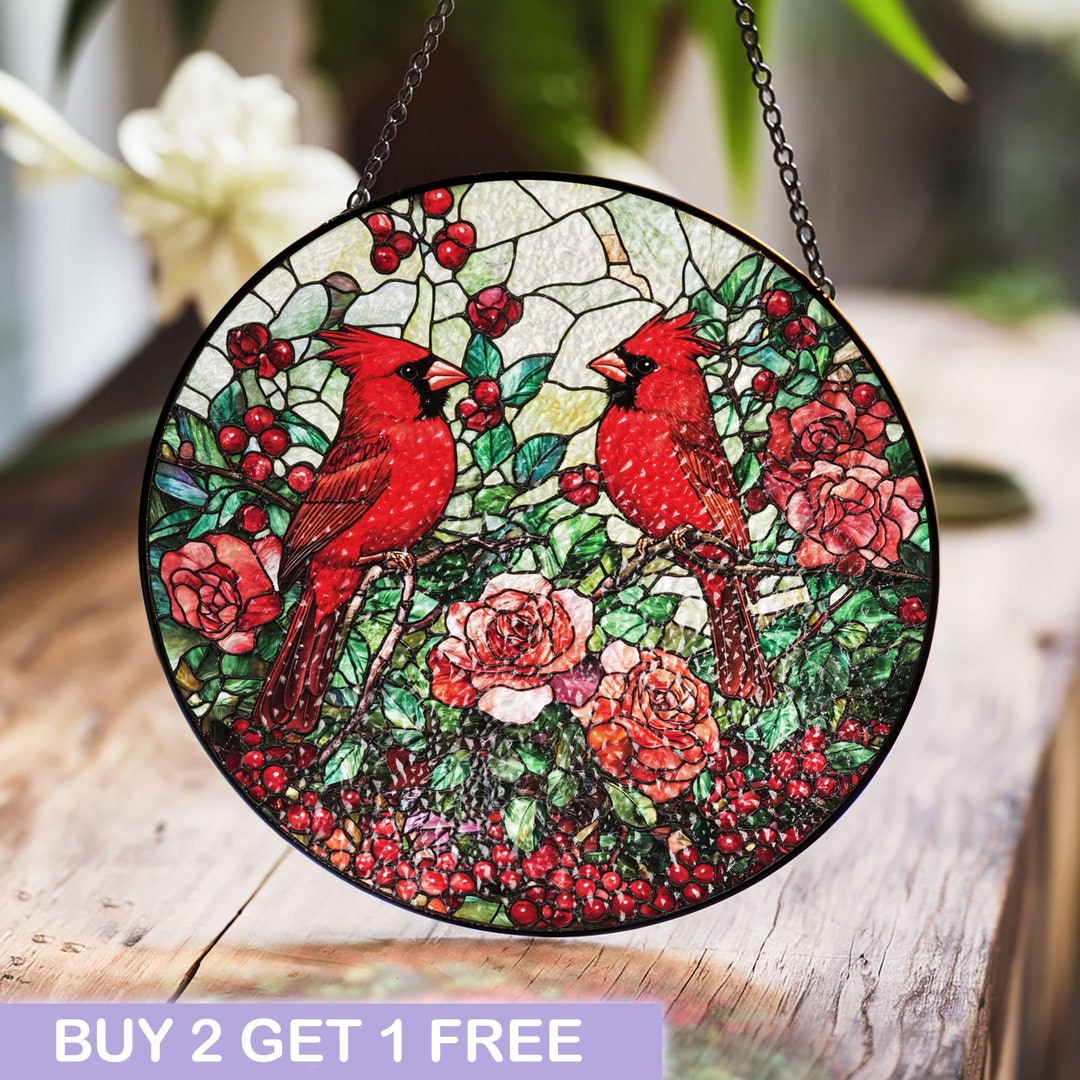 Cardinals and Roses Stained Glass Window Hanging - Romantic Floral ...