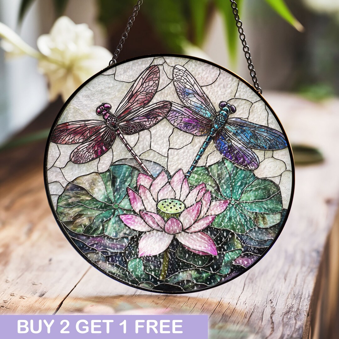 Double Dragonflies and Lotus Stained Glass Window Hanging - Elegant ...