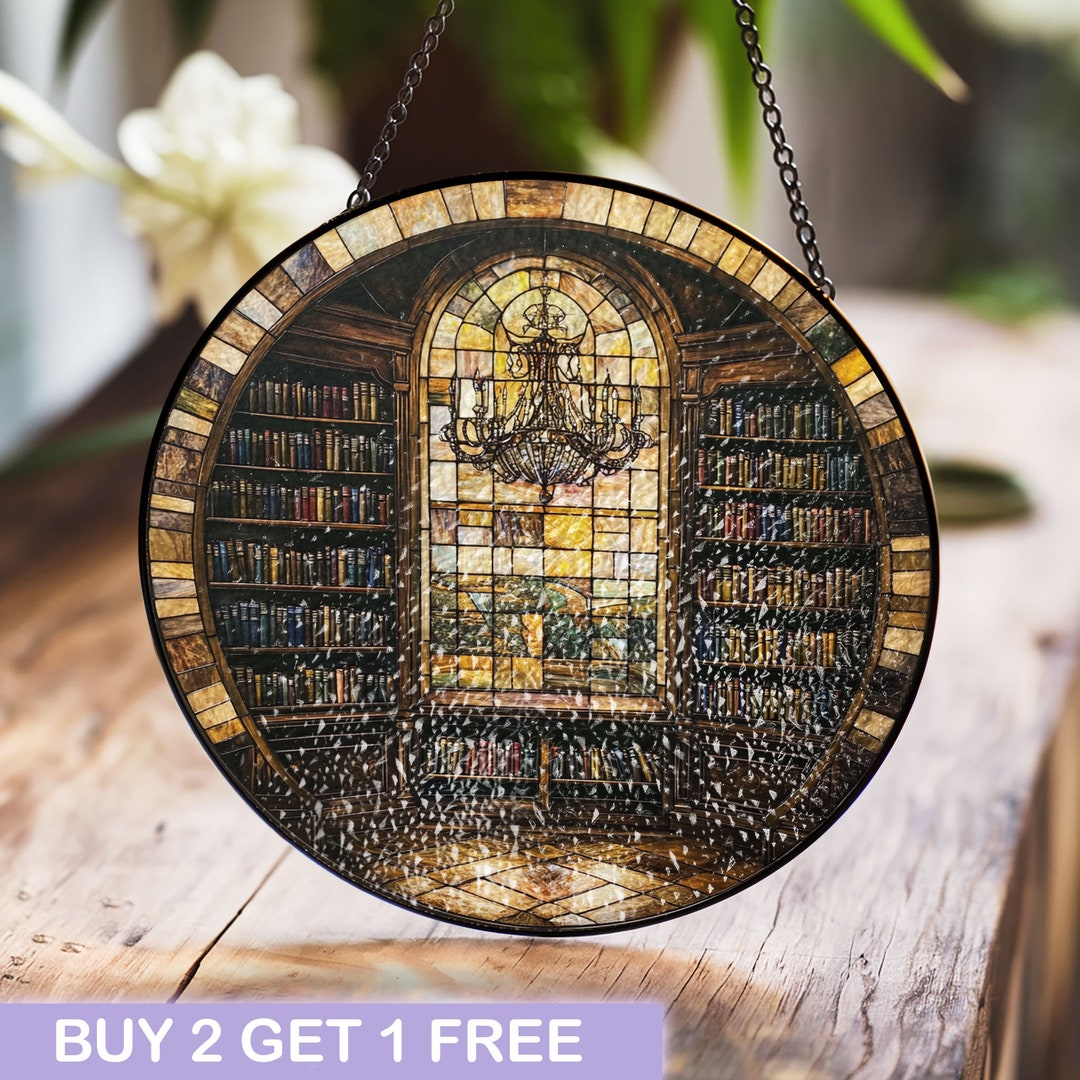 Library Stained Glass Suncatcher, Book Lover Window Hanging for Garden ...