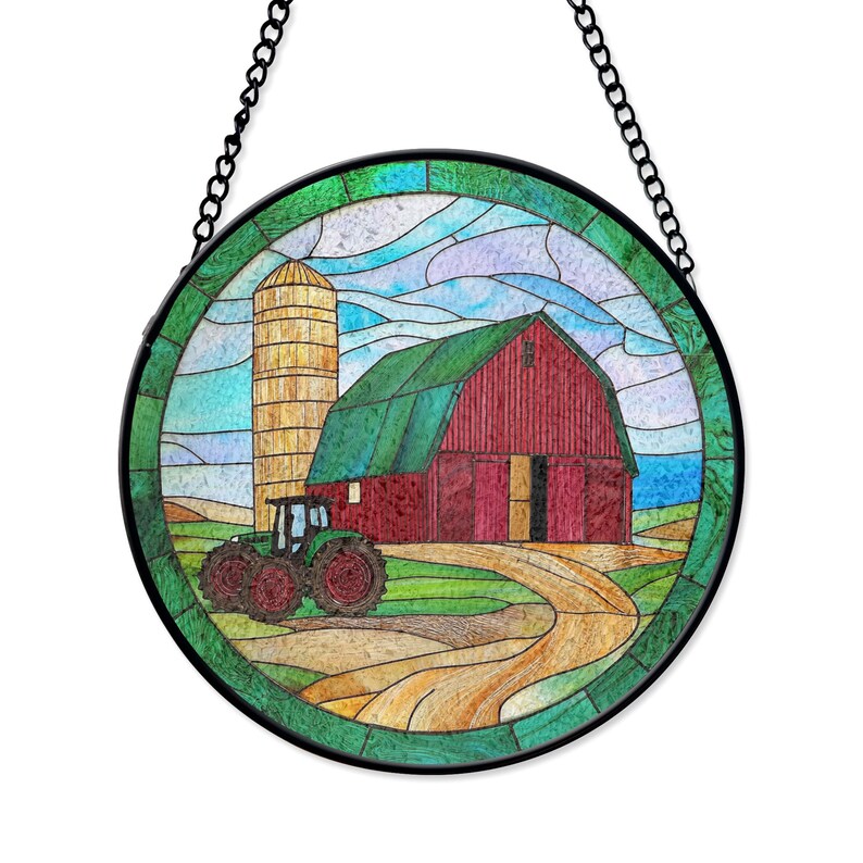 Rustic Farm Scene Stained Glass Window Hanging With Red Barn, Silo, and ...
