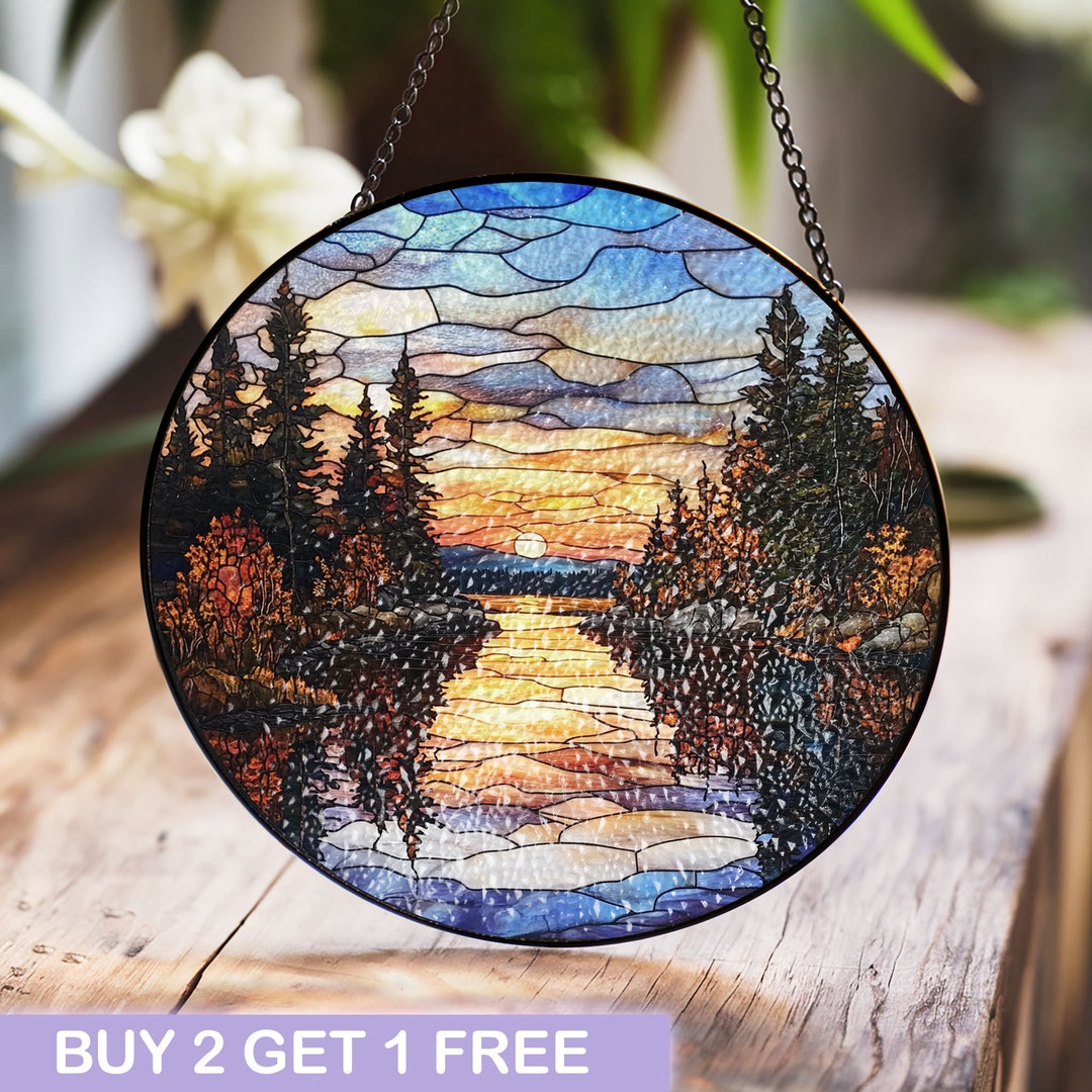 Stunning Sunset Lake Stained Glass Panel With Forest Reflections ...