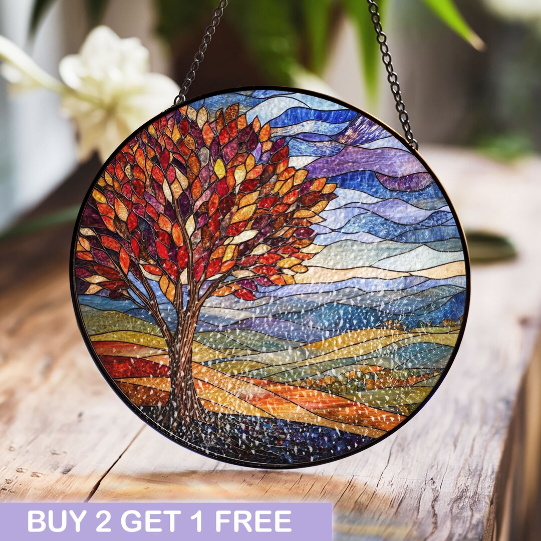 Vibrant Autumn Tree Stained Glass Panel With Scenic Hillside – Unique ...
