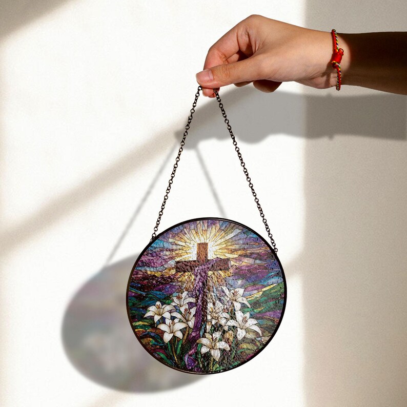 Easter Cross Stained Glass Suncatcher, Christian Window Decor ...