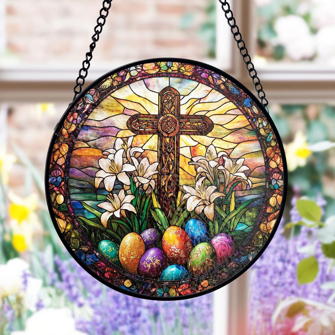 Easter Cross Stained Glass Suncatcher, Religious Window Decor ...