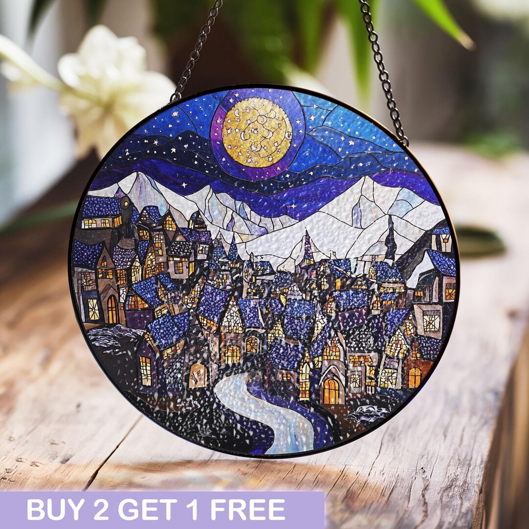 Enchanted Night Village Stained Glass Panel With Starry Sky and Full ...