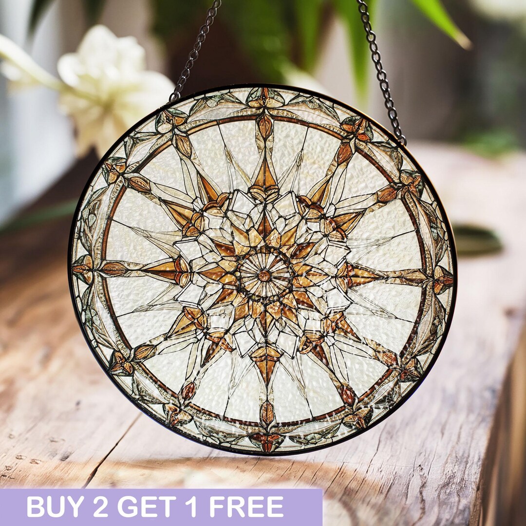 Elegant Geometric Stained Glass Window Panel With Intricate Amber and ...