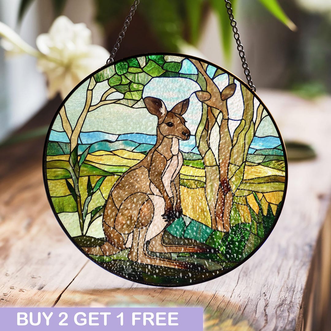 Australian Kangaroo Stained Glass Window Panel - Vibrant Outback ...