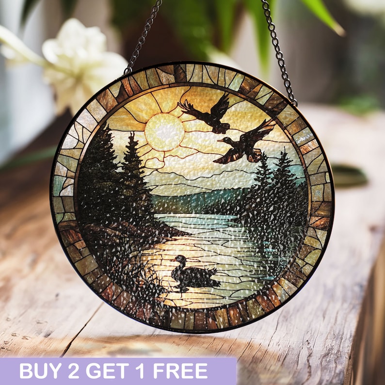 Stained Glass Lake Scene With Ducks and Sunset Window Hanging, Tranquil ...