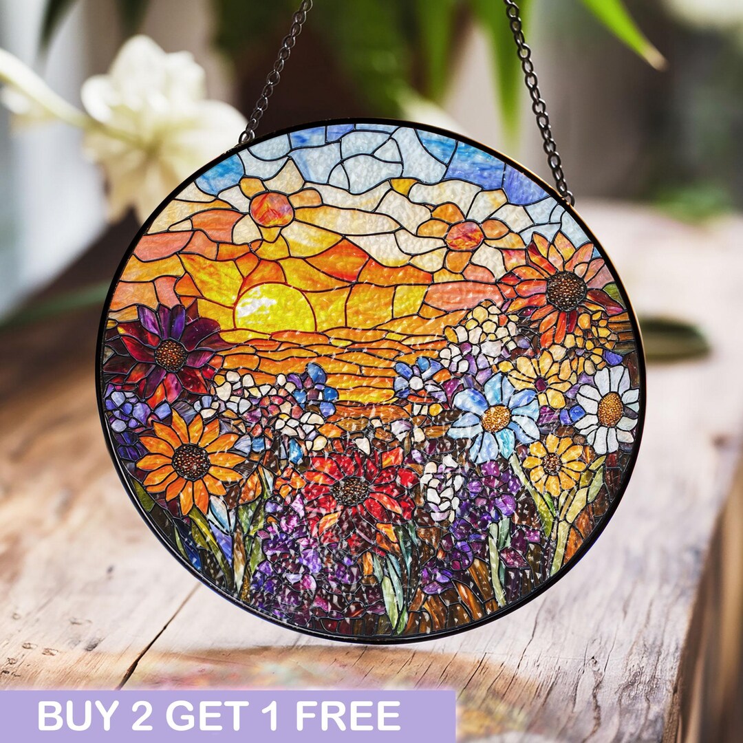 Sunset Flower Stained Glass Panel - Vibrant Wildflowers and Sunset ...