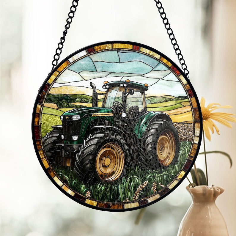Tractor Stained Glass Suncatcher, Farm Landscape Window Decor, Rustic ...