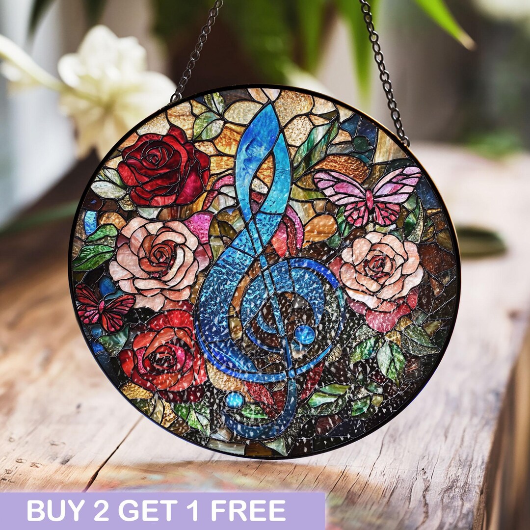 Stained Glass Treble Clef With Roses and Butterflies Musical Window Art ...