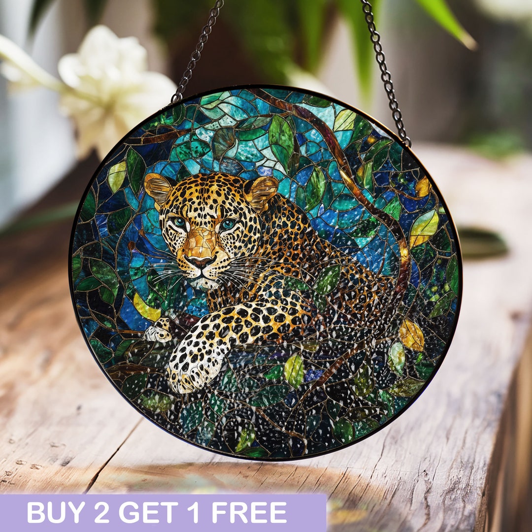 Stained Glass Leopard in Foliage Window Hanging, Striking Wildlife ...