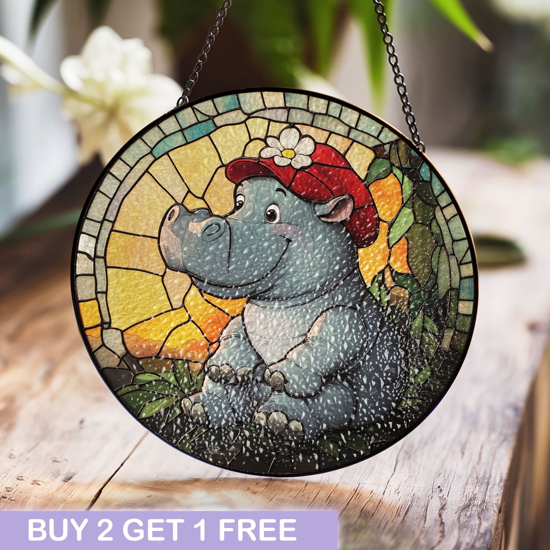 Cheerful Moo Deng Hippo Stained Glass Window Hanging – A Perfect Gift ...