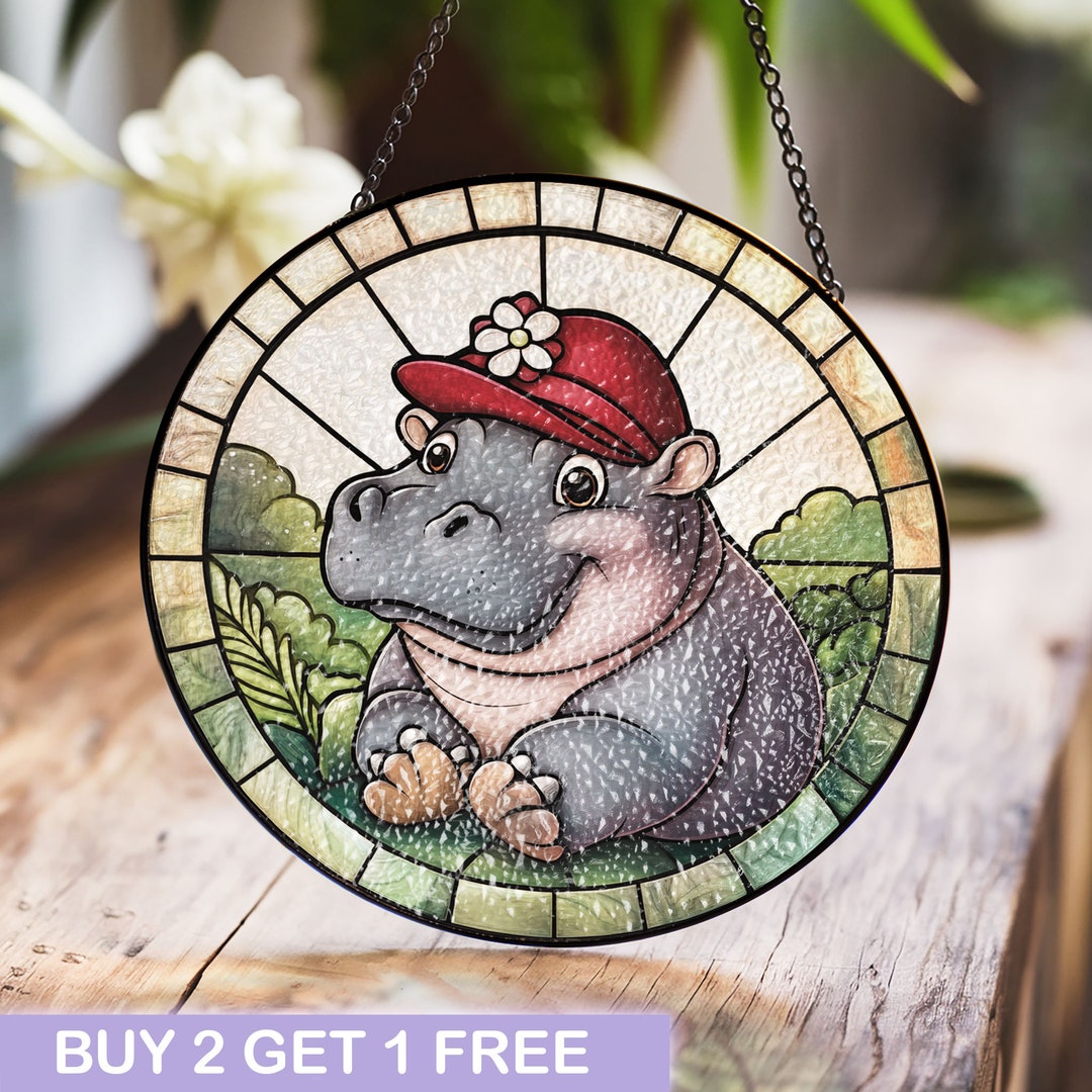 Joyful Moo Deng Hippo Stained Glass Window Hanging – Ideal Gift for Mom ...