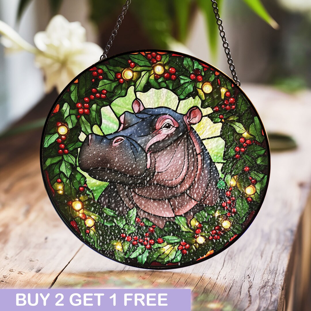 Festive Hippo Stained Glass Window Hanging – Perfect Holiday Gift for ...