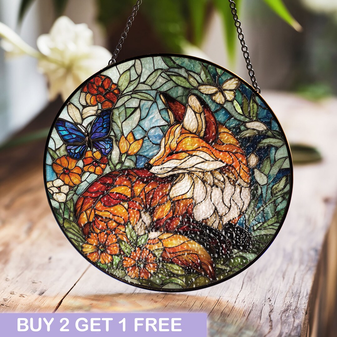 Stained Glass Fox With Butterfly and Floral Accents - Vibrant Nature ...