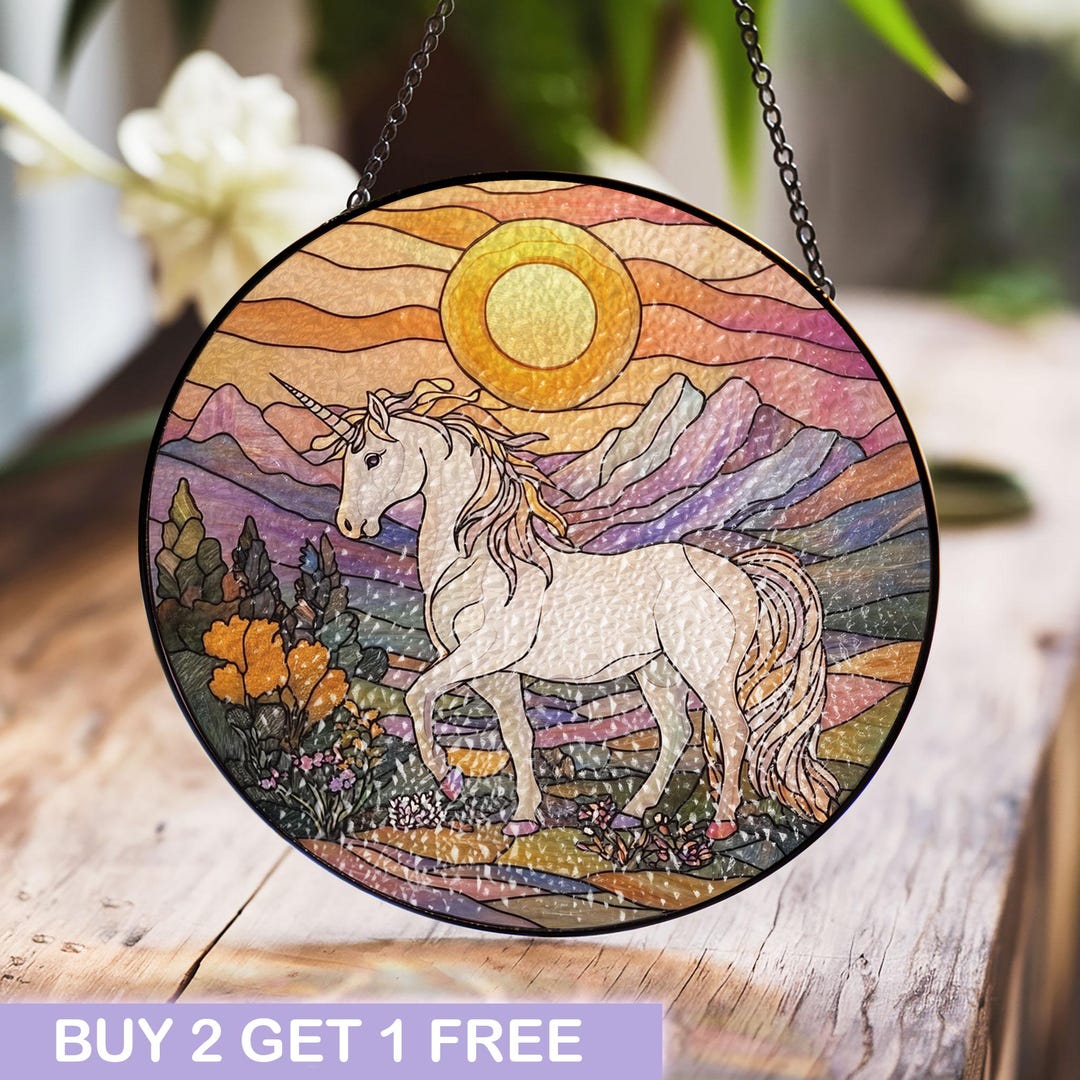 Unicorn Stained Glass Window Hanging - Magical Sunset Art Decor - Etsy