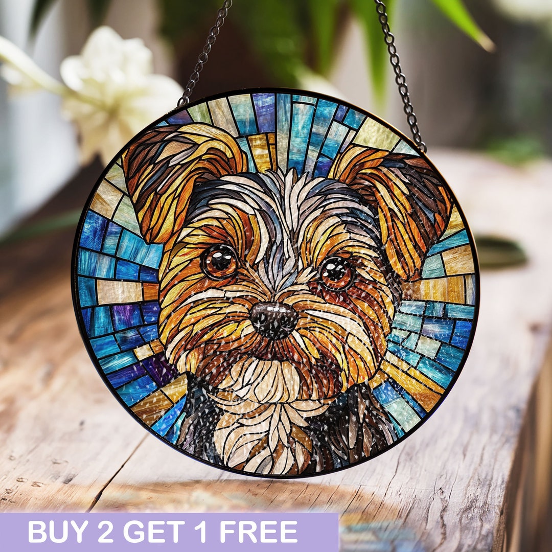 Yorkshire Terrier Stained Glass Panel Adorable Dog Art Decor With ...