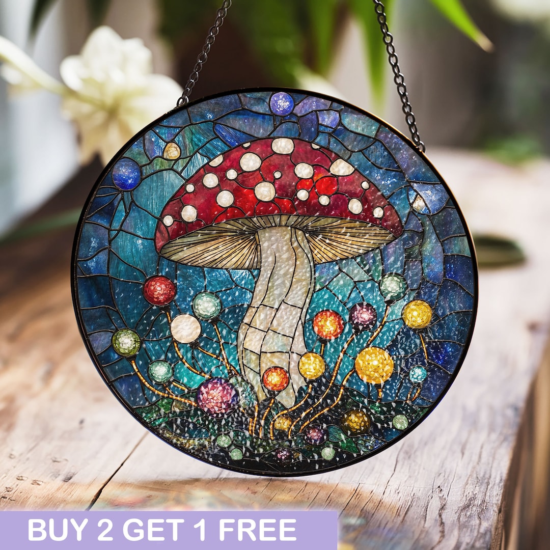 Mushroom Stained Glass Panel - Whimsical Forest Toadstool Art With ...