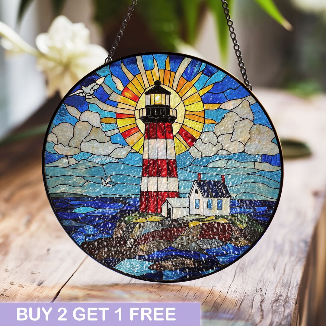 Lighthouse Stained Glass Panel - Coastal Sunset and Ocean Waves Window ...