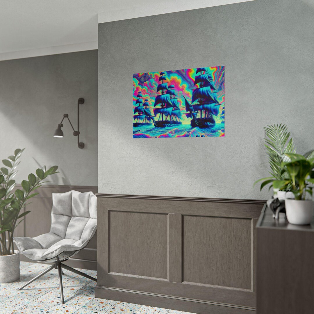 Trippy Psychedelic Sailing Ships Canvas Art Vibrant Ocean Waves and ...