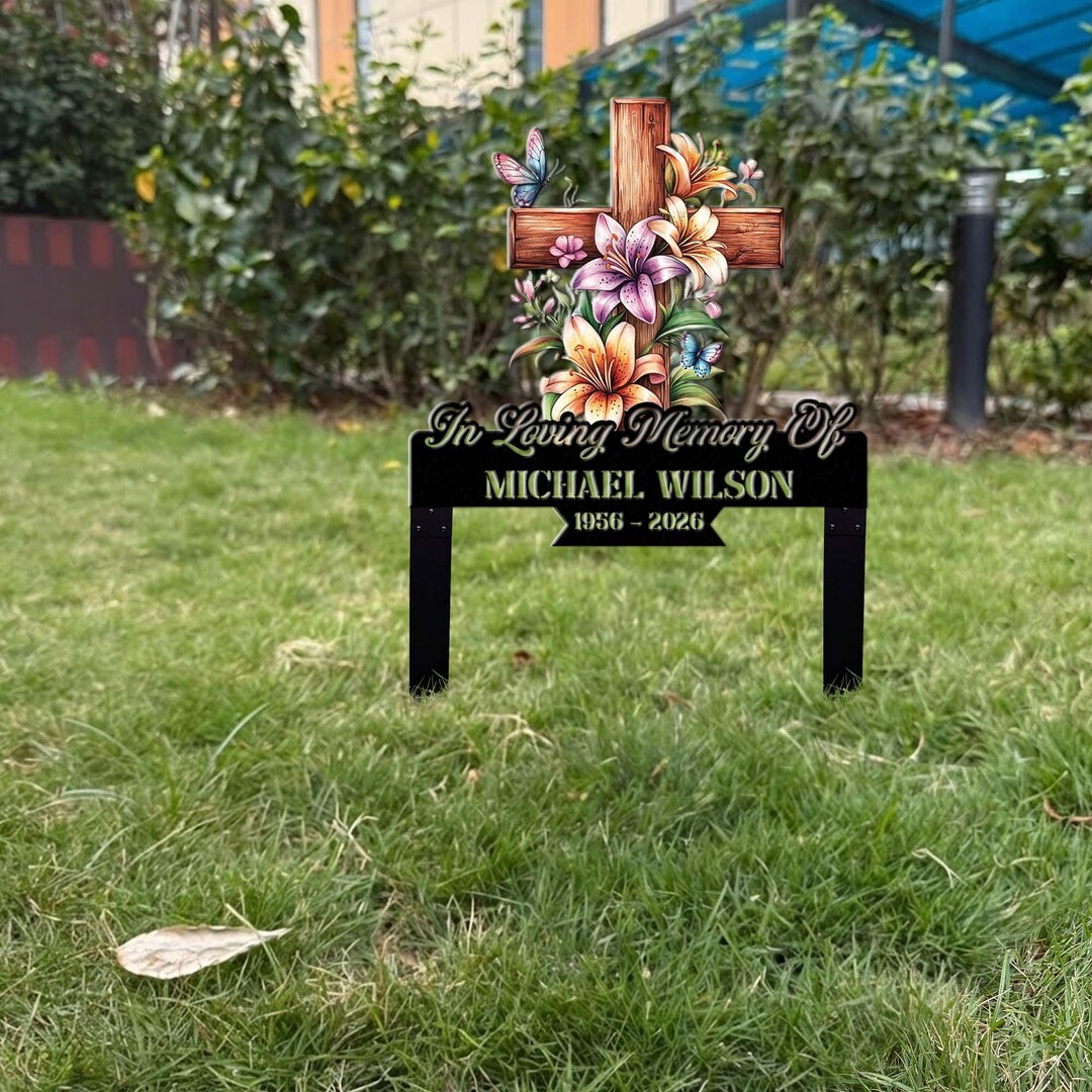Personalized Memorial Metal Sign, Cross With Flowers Memorial Stake ...