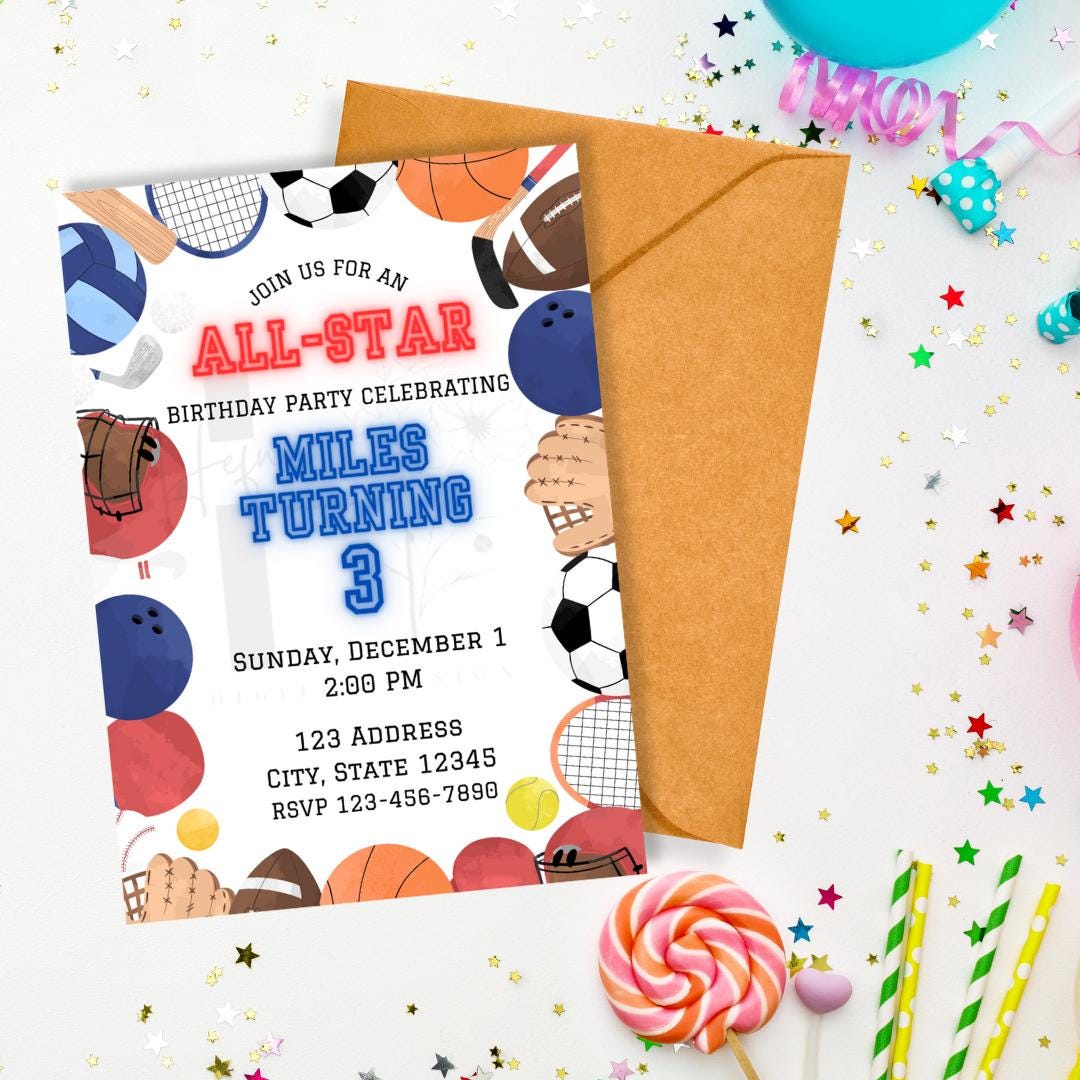 All Star Birthday Party Invitation, Sports Themed Birthday Invitation ...